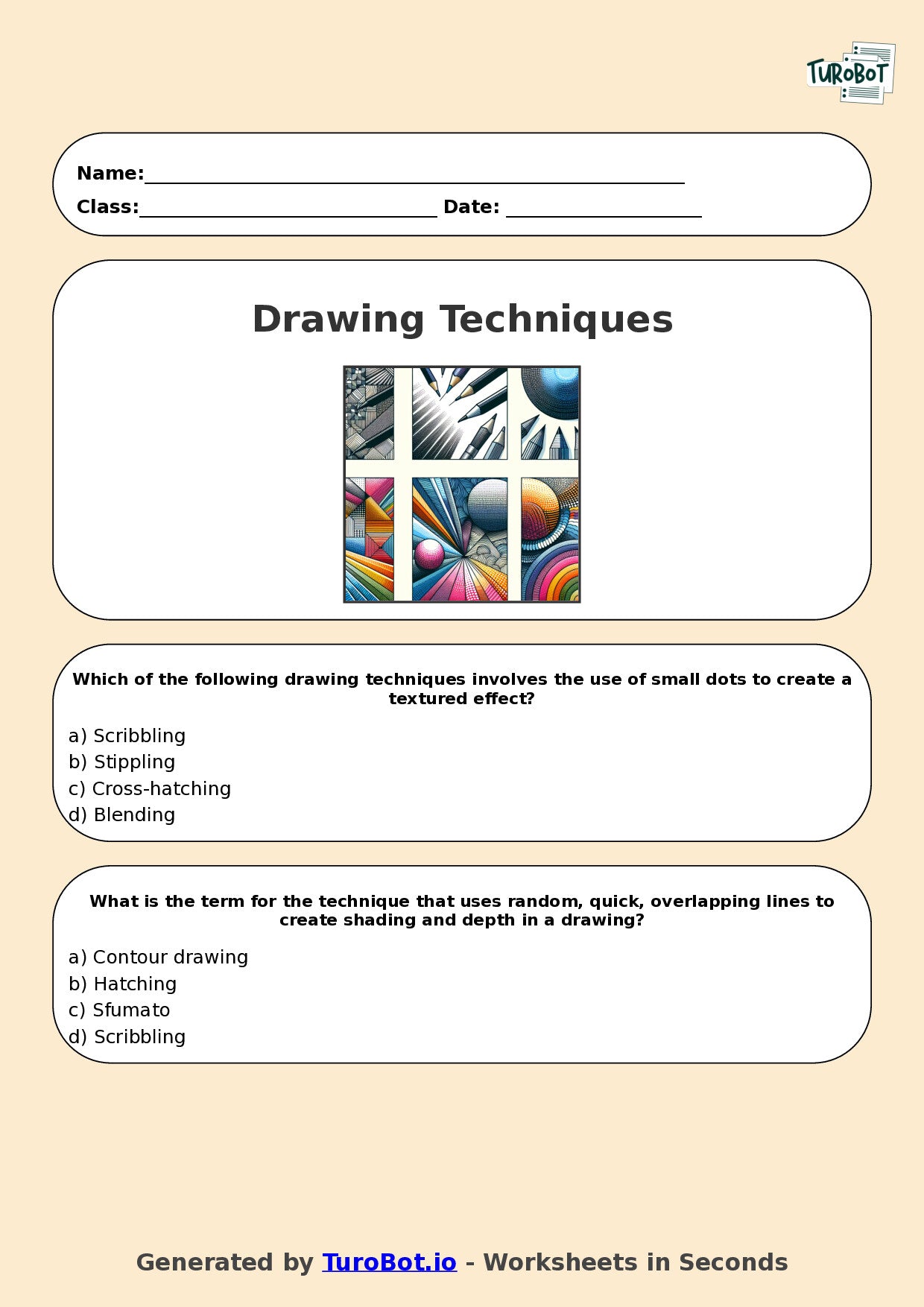 Year 7 Visual Arts Multiple Choice Worksheet – Drawing Techniques – TuroBot