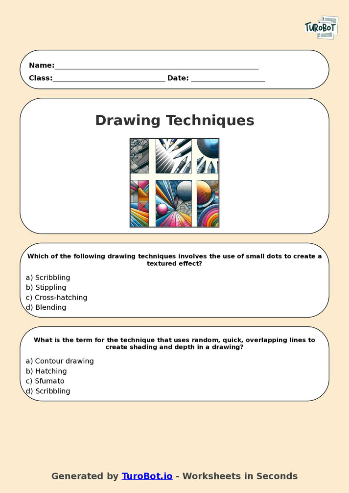 Year 7 Visual Arts Multiple Choice Worksheet – Drawing Techniques – TuroBot
