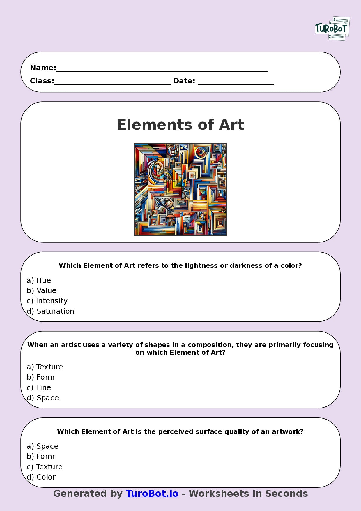 Year 7 Visual Arts Multiple Choice Worksheet – Elements of Art – TuroBot