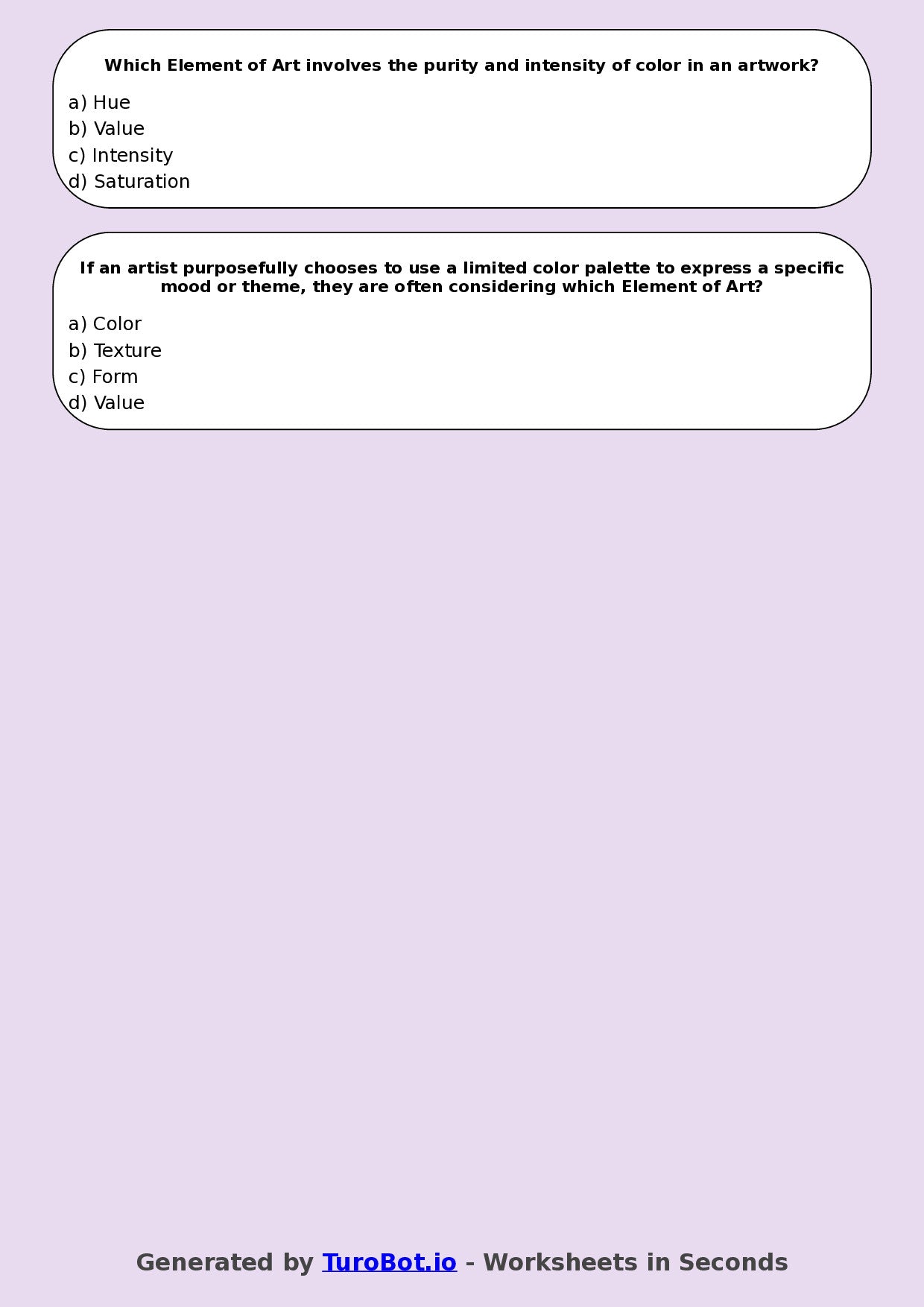 Year 7 Visual Arts Multiple Choice Worksheet – Elements of Art – TuroBot