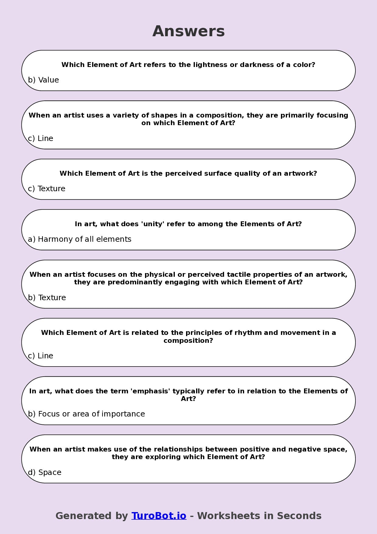 Year 7 Visual Arts Multiple Choice Worksheet – Elements of Art – TuroBot