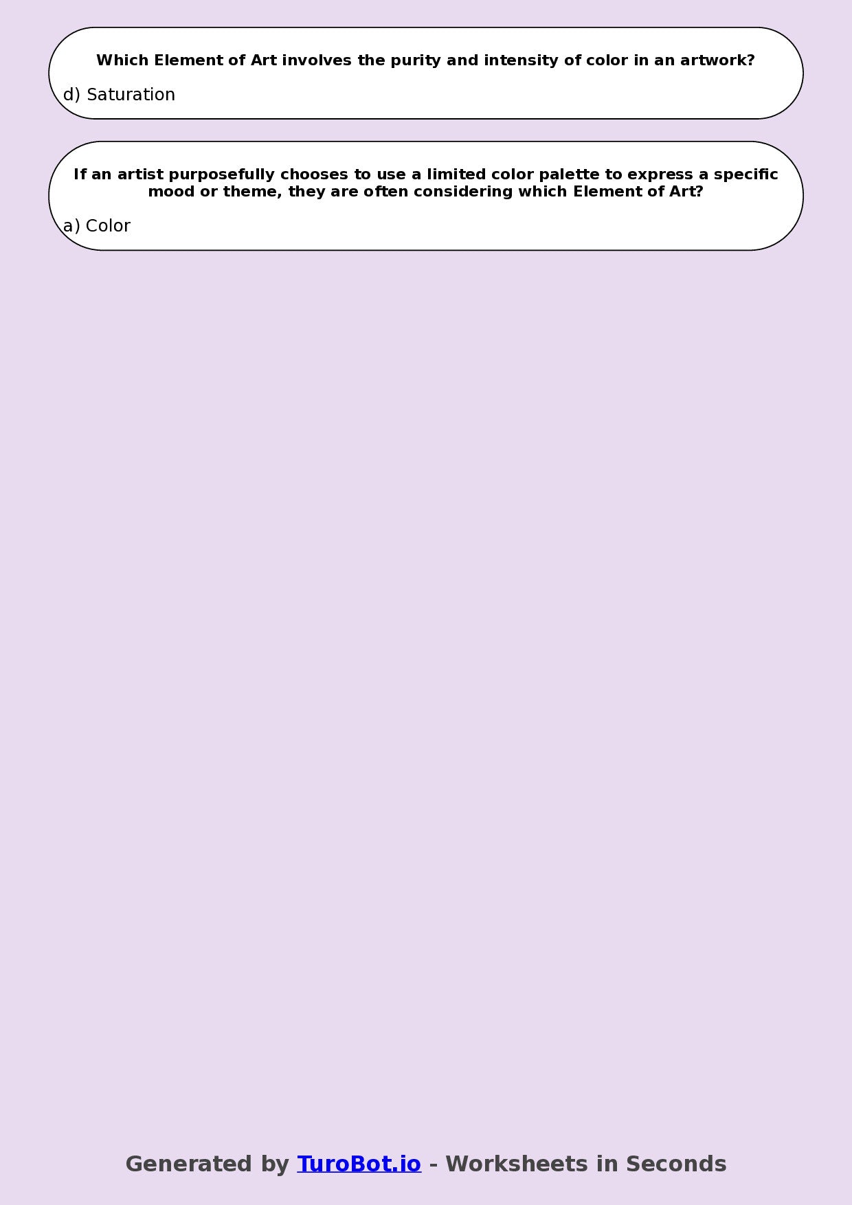 Year 7 Visual Arts Multiple Choice Worksheet – Elements of Art – TuroBot